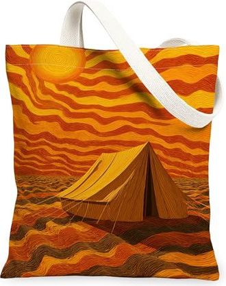Generic Sacs fourre-tout vintage en toile artistique, motif tente r&eacute;tro, sacs d&eacute;picerie r&eacute;utilisables, l&eacute;gers et lavables avec bandouli&egrave;re, Orange, 13x15 Inch