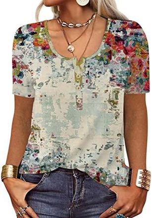 Onsoyours T-Shirt Col V Blouses à Manches Courtes pour Femmes Imprimé Tunique Tops Lâche Chemisier T-Shirts pour Femmes avec Boutons Basiques Haut Printemps été