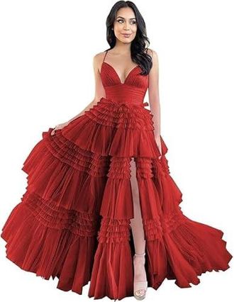 Generic Robes de bal en tulle &agrave; volants longue robe de bal col en V robes de soir&eacute;e formelles avec fente, rouge vin, 10XL Grande taille