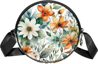 Generic Petit sac &agrave; bandouli&egrave;re circulaire pour femme, motif feuilles florales, sac &agrave; dos avec fermeture &eacute;clair, bretelles r&eacute;glables, sac &agrave; main rond d&eacute;contra