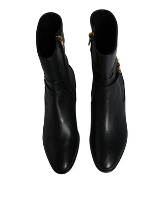 Dolce & Gabbana Womens Black Leather Logo Mid Calf Boots Shoes