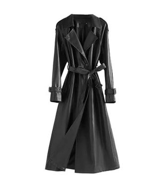 Generic Trench-coat en similicuir pour femme - Double boutonnage - Veste longue avec ceinture - Taille haute - Automne et hiver, Noir, XL