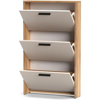 PEGANE Meuble &agrave; chaussures 3 portes avec pieds, coloris Beige/ch&ecirc;ne Mauvella - Longueur 68,5 x Hauteur 115,5 x Profondeur 17 cm