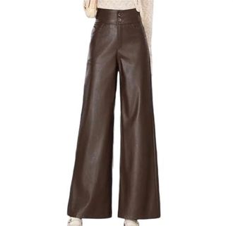 Generic Pantalon en cuir &agrave; jambe large pour femme - Taille haute - Coupe ample - Style d&eacute;contract&eacute; - Hiver &eacute;l&eacute;gant, marron, XL