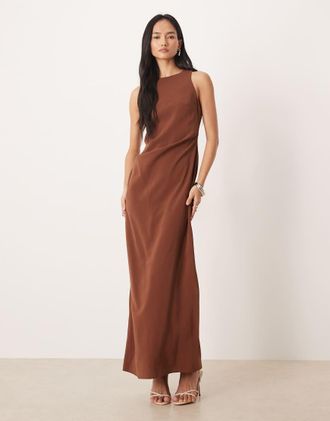 Asos Cupro-Maxikleid in Schokobraun mit Ringerr&uuml;cken und Biesen-Grau