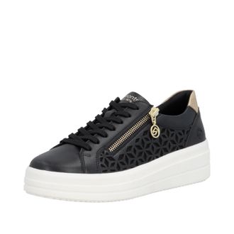Remonte Plateausneaker REMONTE, Damen, Gr. 43, schwarz, goldfarben, Leder, Lederimitat, Schuhe Plateausneaker, Halbschuh, Schn&uuml;rschuh mit Perforation und seit