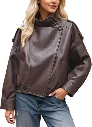 Generic Vestes pour femmes 2026 - Veste synth&eacute;tique &eacute;l&eacute;gante pour lautomne et lhiver - Manteau de moto court classique polyvalent avec fermeture &eacute;clair - Conf