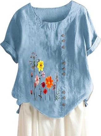 Generic Chemise &agrave; manches courtes en coton et lin pour femme - Grande taille - Chemisier &agrave; manches courtes - Col rond - Imprim&eacute; floral - Haut d&eacute;t&eacute; brod&eacute; boh&egrave;m