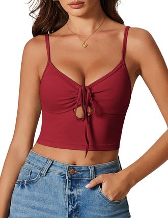 Avidlove Damen Crop Top Sexy Unterhemd Basic Tank Top Binden Kurz Camisole Bustier Slim Fit Oberteile V-Ausschnitt Bauchfrei Tr&auml;gertopRotXS