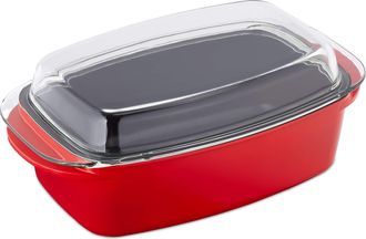 Relaxdays Bräter mit Deckel, antihaftbeschichtet, Auflaufform, Aluminiumguss & Glas, spülmaschinenfest, Gänsebräter, rot, 15 x 39.5 x 22.5 cm