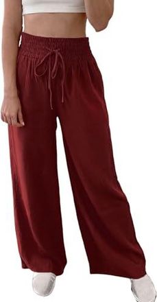 Generic Pantalon en coton et lin pour femme - Jambe large - Pantalon de plage d&eacute;t&eacute; pour femme - Confortable - Pantalon de yoga Palazzo XIYU26039, Rouge, XXL