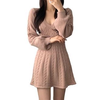 Generic Robe dautomne d&eacute;contract&eacute;e &agrave; manches longues et col en V pour femme, en tricot torsad&eacute;, &agrave; manches longues, pour un usage quotidien, rose, L