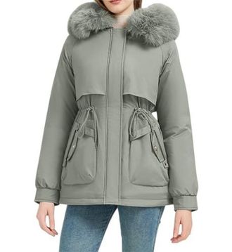 Generic Manteaux dhiver pour femmes, veste parka doublée en polaire, capuche amovible en fausse fourrure, cordon de serrage, fermeture éclair, poches, vêtemen