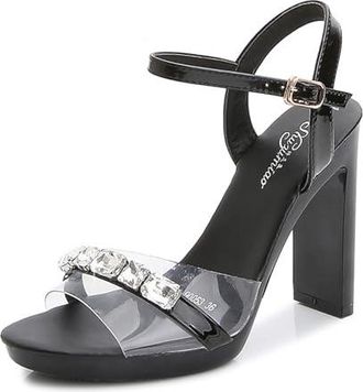 Generic Noir,38 EU,Sandales à Talons Hauts pour Femmes, Bride à la Cheville, Plateforme épaisse, Strass, Chaussures habillées pour Bal de Promo, soirée dansan