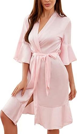 Generic Peignoir &Eacute;ponge Dames Couleur Unie Satin Couleur Ding Bord &agrave; Volants Chemise de Nuit Maison v&ecirc;tements mari&eacute;e Matin Robe &eacute;lastique Soie Robe Courte Che