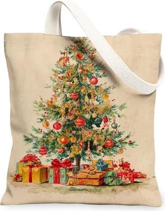 Generic Sacs fourre-tout en toile motif sapin de No&euml;l, sacs d&eacute;picerie r&eacute;utilisables, vintage, rustiques, l&eacute;gers, lavables, vert, 13x15 Inch