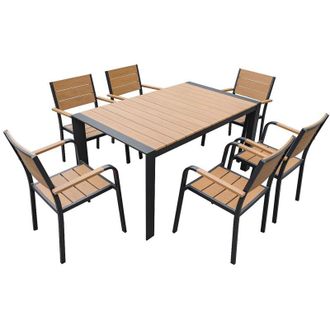 Vente-Unique Salle &agrave; manger de jardin en aluminium : une table L.150 cm et 6 fauteuils empilables - Naturel clair et anthracite - NYROS de MYLIA