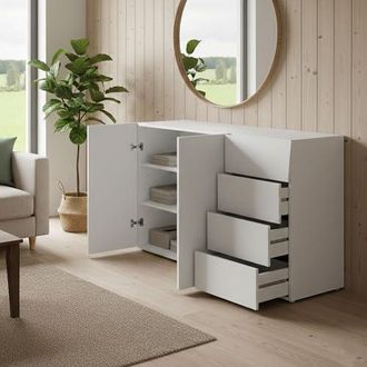 Dmora Modernes Sideboard, Design-Sideboard mit 2 T&uuml;ren und 4 Schubladen, Made in Italy, TV-St&auml;nder, Wohnzimmerbuffet, 124x40h82 cm, gl&auml;nzend wei&szlig;e Farbe