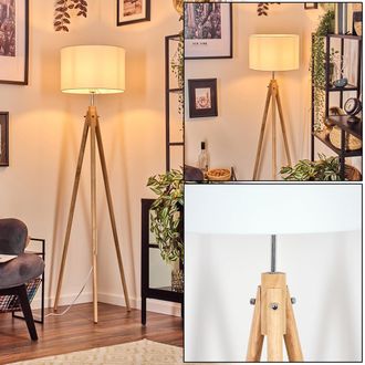 HOFSTEIN Stehleuchte Soungou, Stehlampe aus Holz/Metall im skandinavischen Design, Boho-Style, Schirm aus Stoff, &Oslash; 38 cm, E27, 151,5 cm, mit Fu&szlig;schalter - Wohn