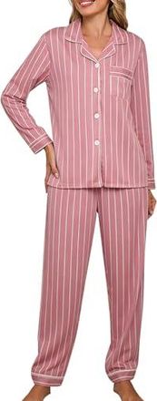 Minetom Ensembles de Pyjama Femme 2 Pi&egrave;ces Bouton V&ecirc;tements de Nuit &Agrave; Rayures Manches Longues Col V Chemise et Pantalon Style L 36