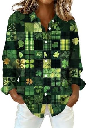 Generic Chemisiers en satin Lucky Clover pour femme - Haut de la Saint-Patrick &agrave; manches longues - Col en V - Doux et &eacute;l&eacute;gant - Col en V, Vert, XL