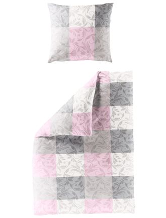 JACK by Bierbaum Seersucker Bettw&auml;sche 2 TLG. 135x200cm Blumen Ornamente Quadrat Grau Rosa Muster