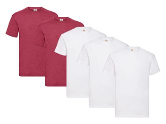 Fruit Of The Loom 5-Pack Valueweight T-Shirt, 3X Weiss + 2X Vintage Red + 1 HL Kauf Notizblock, Gr&ouml;&szlig;e L