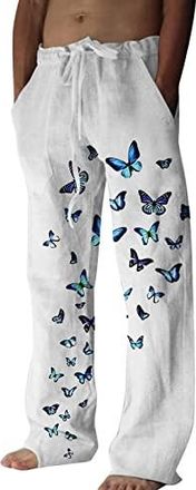 Generic Pantalon d&eacute;contract&eacute; en lin l&eacute;ger pour homme - Coupe ample - Coupe ample - Pantalon long avec imprim&eacute; papillon exquis - Pantalon d&eacute;contract&eacute; &agrave; jambes 