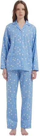 Global Ensembles de Pyjama pour Femme 100% Coton Vêtements de Nuit Manches Longues Boutonné Pantalon Taille élastiquée Cordon de Serrage Bleu XXL