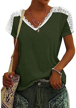 Onsoyours Tee Shirt Femme Manche Courte &Agrave; Dentelle Ajour&eacute;e D&eacute;collet&eacute; en V &Eacute;t&eacute; Top 01 Arm&eacute;e Verte XL