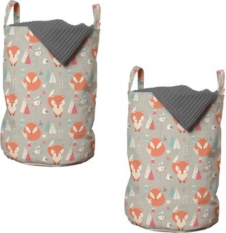 Abakuhaus Fuchs Wäschesack 2er Pack, Waldvögel und Tannenbaum, Wäschekorb mit Griffen und Kordelzugverschluss, Zweierpack 33cm x 50cm,Orange Grau Hellblau