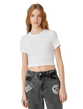 Koton Women Crew Neck Viscose Short Sleeve Crop T-Shirt