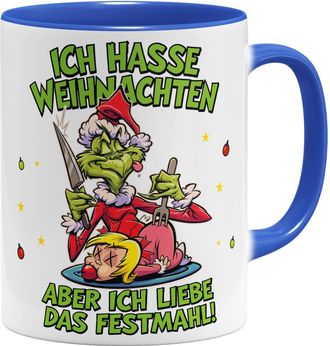 OM3 lustige Ich hasse Weihnachten Kaffee-Tasse mit Spruch - freche Weihnachtstasse Festessen - Keramik Becher - 325ml - Beidseitig Bedruckt - Blau