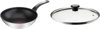 T-fal Emotion Po&ecirc;le wok 28 cm, Rev&ecirc;tement antiadh&eacute;sif, Garantie 10 ans, Base &eacute;paisse & 280977 Couvercle en Verre 28 cm avec Anneau