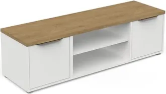 Demeyere Meuble TV en Bois 2 Niches et 2 Portes - Style Scandinave - Coloris Blanc Mat & Chêne Hamilton - 135 x 39 x 40 cm