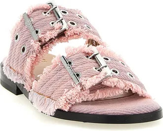 Ganni Buckle Fringed Denim Sandals - Pink