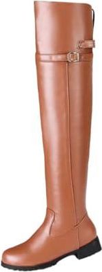 Generic Bottes hautes dhiver chaudes en cuir PU avec fermeture éclair et boucle pour femme, grande taille, Orange, 42.5 EU