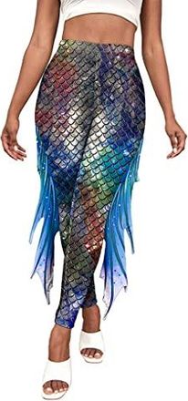 ORANDESIGNE Leggings Sirène pour Femmes Taille Haute Imprimé Ecailles Poisson Leggins Collants avec Palmes Opaque Élastique Quotidien Carnaval Halloween Cosplay Y