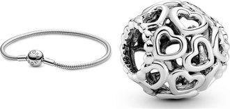 Pandora Damen-Armband mit Kugelverschluss, glatt 925 Silber 17 cm-590728-17 & All Over-Herzen Charm Sterling-Silber 11 x 11 x 10,7 mm (T/H/B)