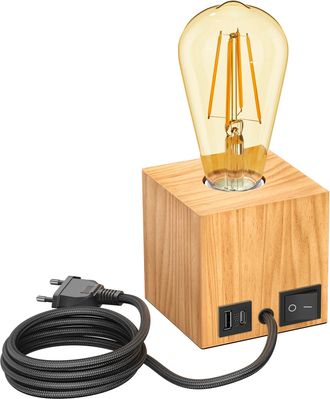 LEDs Com Tischlampe HITO, Holz massiv, eckig, USB, inkl. E27 Lampe Retro, gold, max. 814lm, 3-Stufen, extra-warmweiß