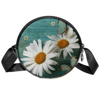 Generic Sac &agrave; bandouli&egrave;re rond pour femme, motif marguerite, petit sac &agrave; bandouli&egrave;re avec fermeture &eacute;clair, bretelles r&eacute;glables, sac &agrave; main rond d&eacute;contract&eacute; p