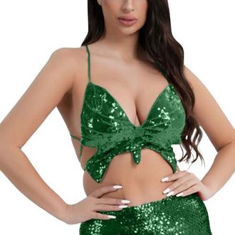 Generic V&ecirc;tements de yoga pour femme avec paillettes et papillons avec col, vert, taille unique
