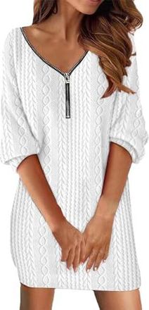 Generic Robe de Soir&eacute;e Femme Col V et Manche 3/4 Robe &Eacute;l&eacute;gant et Chic Mini Robes pour Femmes Casusl Taille Haute Cocktail Automne Hiver Shirt Robes Ample D&eacute;co