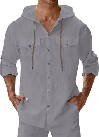 Generic DENGJIAMY Chemises &agrave; capuche &agrave; manches longues pour homme en lin uni &agrave; manches longues d&eacute;contract&eacute;es boutonn&eacute;es chemises tendance v&ecirc;tements de vacance