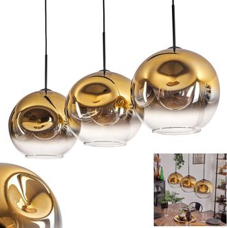 HOFSTEIN Hängeleuchte Ripoll, Hängelampe aus Metall/Glas in Schwarz/Goldfarben/Klar, Leuchte im modernen Retro/Vintage-Design mit Schirmen aus Glas (Ø 30 cm), 