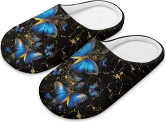 Coloranimal Pantoufles de spa &agrave; bout ferm&eacute; pour femme, chaussures dint&eacute;rieur en coton et lin, pantoufles dint&eacute;rieur en coton, Marbre papillon bleu, 35.5/36.5 EU