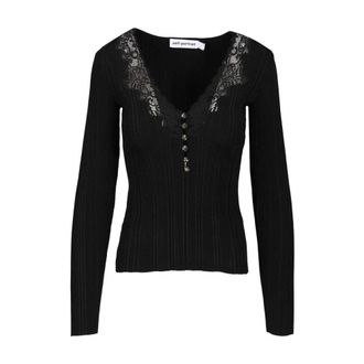 Self Portrait Lace-Trim Geripptes Strickoberteil - - Knitwear - Damen - Schwarzk - L