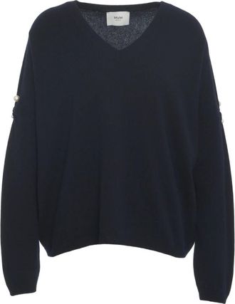 MVM Mvm, Femme, Pulls, Bleu, Taille: 42 FR Pull col V en cachemire avec détails en perles