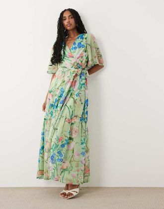 Hope & Ivy Robe longue cache-coeur &agrave; manches &eacute;vas&eacute;es et imprim&eacute; floral - Vert
