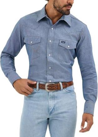 Wrangler All Terrain Gear by Chemise Western à Manches Longues avec Fermeture à Pression, Finition Solide pour Le Travail Button-Down, Mat Homme, Chambray Bleu